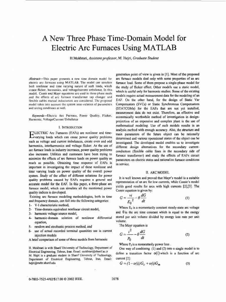 A New Three Phase Time-Domain Model For Electric Arc Furnaces Using ...