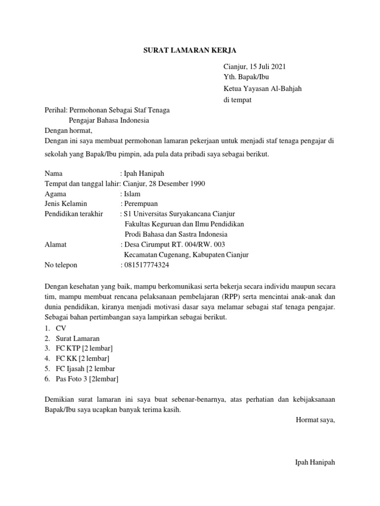 Surat Lamaran Kerja Yayasan Al-Bahjah | PDF