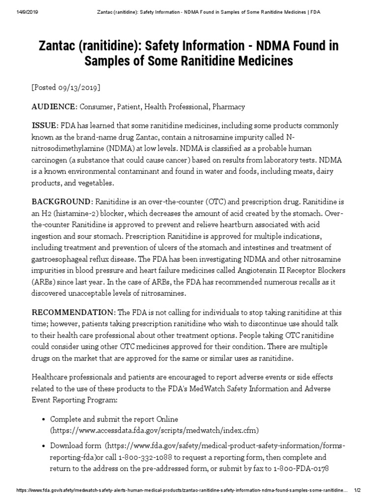 Zantac (Ranitidine) - Safety Information - NDMA Found in Samples of ...