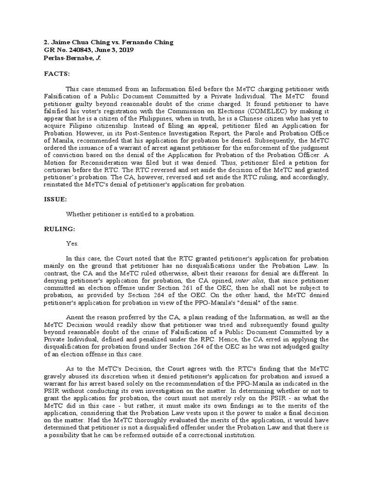 Jaime Chua Ching vs. Fernando Ching Digest | PDF | Probation | Crimes