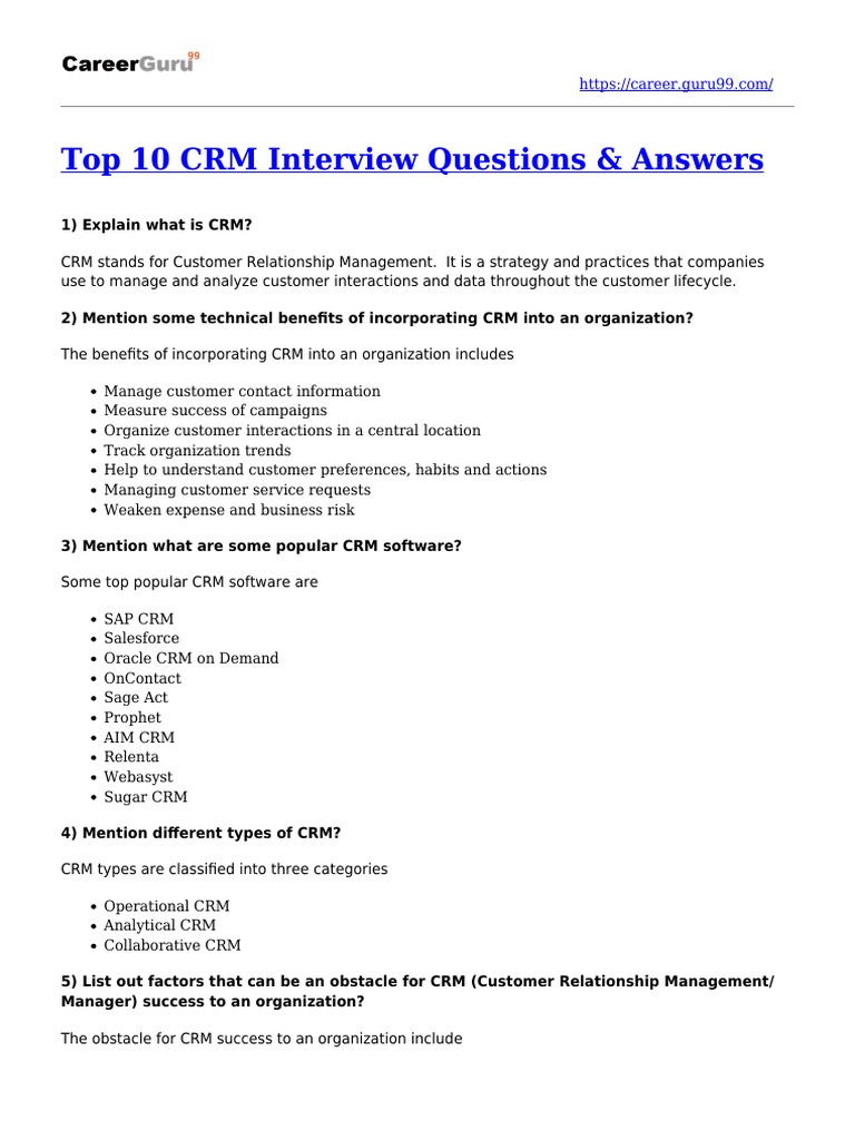 Top 10 Crm Interview Questions And Answers Pdf Customer Relationship Management Business