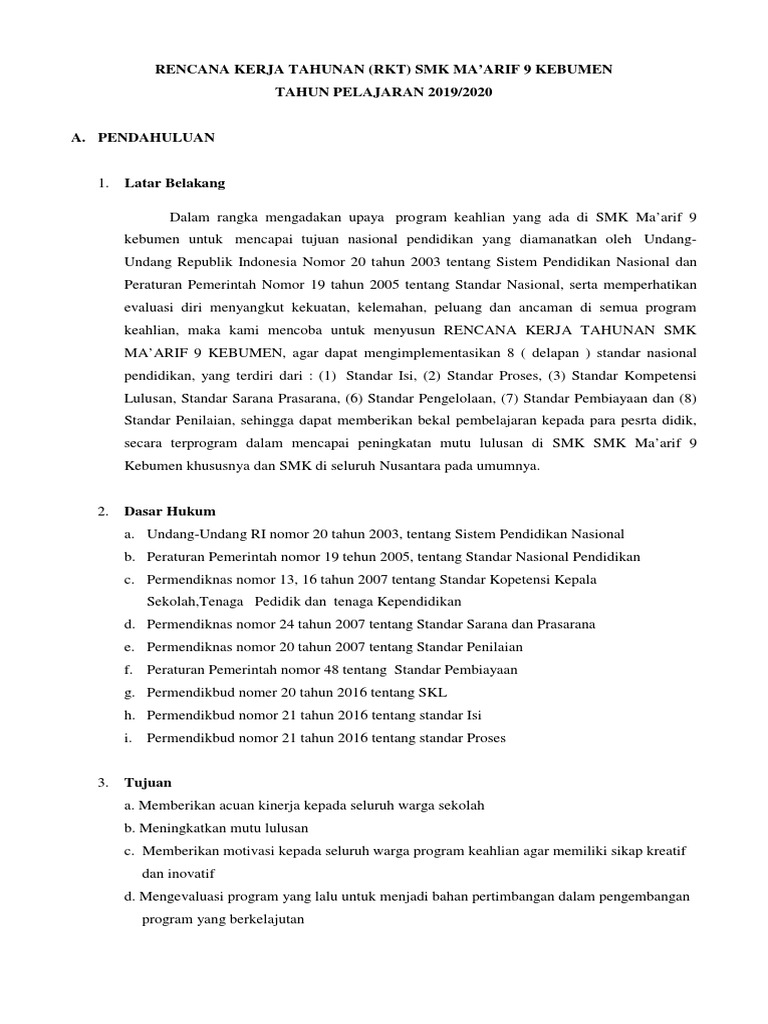 Rencana Kerja Tahunan (RKT) SMK Ma'Arif 9 Kebumen TAHUN PELAJARAN 2019/ ...