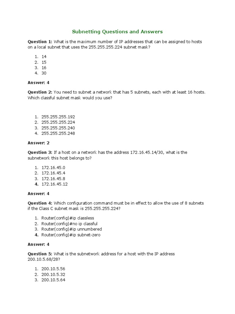 Subnetting Questions and Answers | PDF | Ip Address | Network Layer ...
