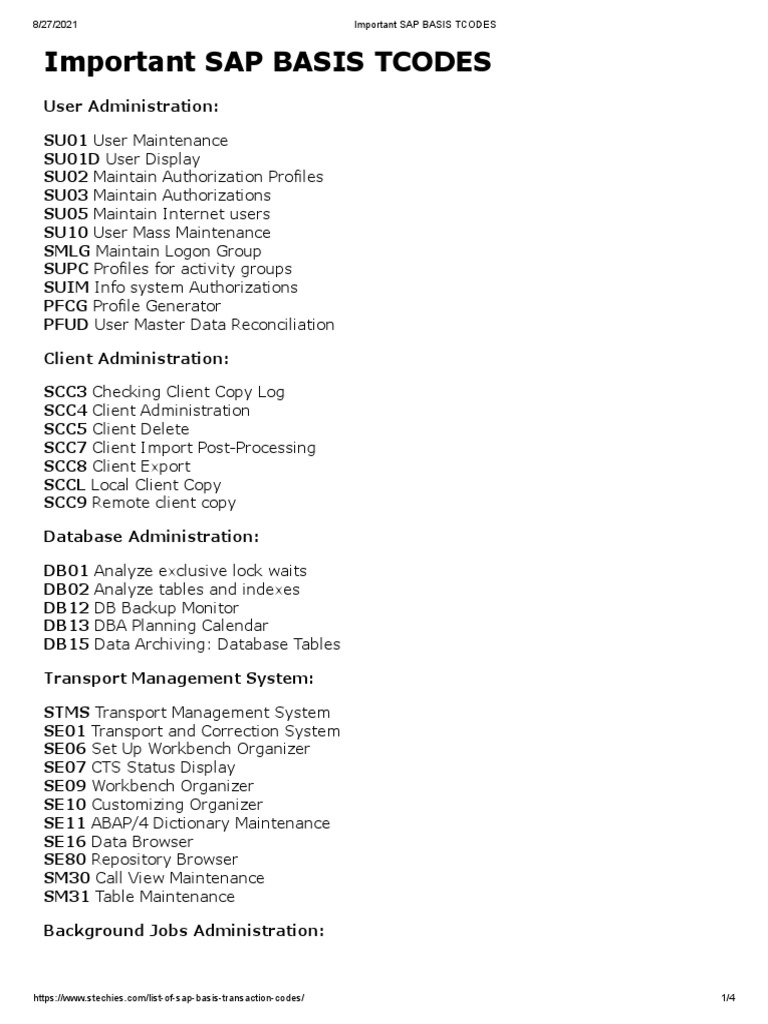 Sap Basis Tcodes | PDF | Computer Architecture | Data Management