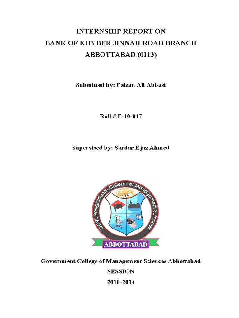 Internship Report On Bank of Khyber Jinnah Road Branch ABBOTTABAD (0113 ...