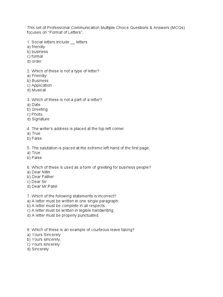 MCQs - LETTER FORMAT | PDF | Madam | Multiple Choice