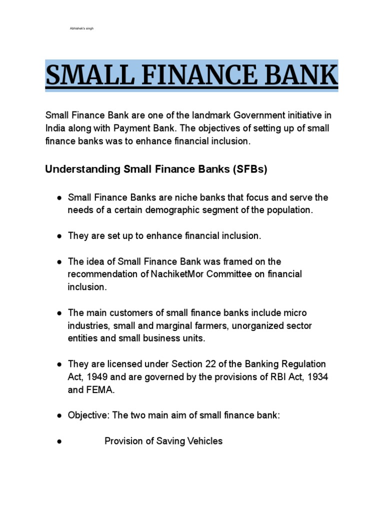 Small Finance Bank | PDF | Financial Services | Banking