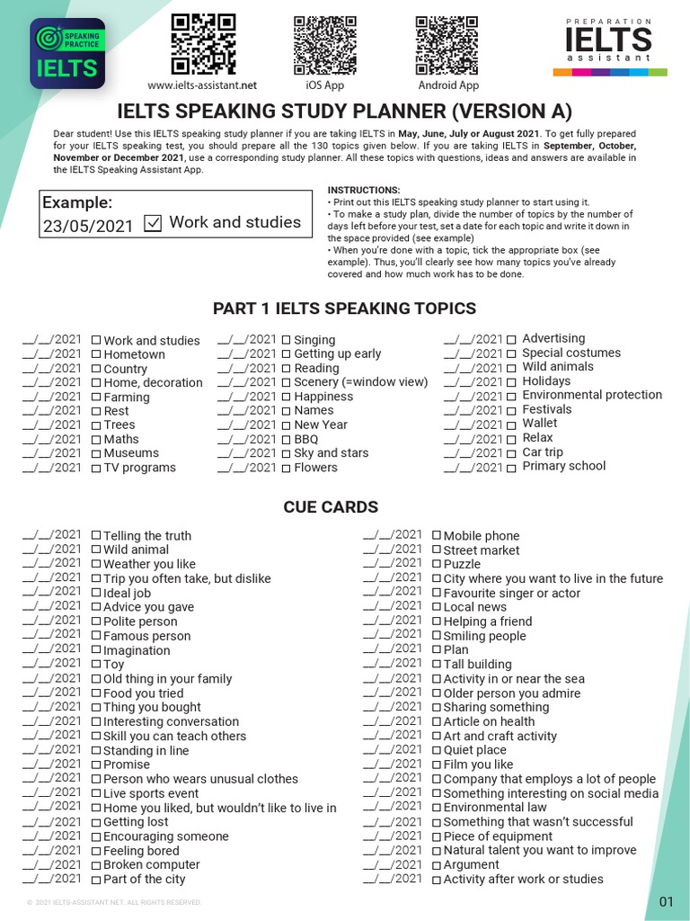 Ielts Speaking Study Planner (Version A) : Example: 23/05/2021 Work and ...