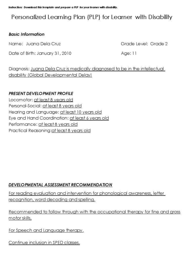 Jaynie Ocampo - Personalized Learning Plan Template For Learner With Disability | PDF ...