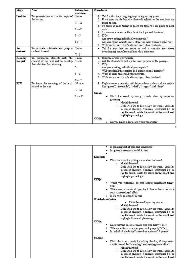 TP1 Lesson Plan Procedure Sheet | PDF | Neuropsychological Assessment ...