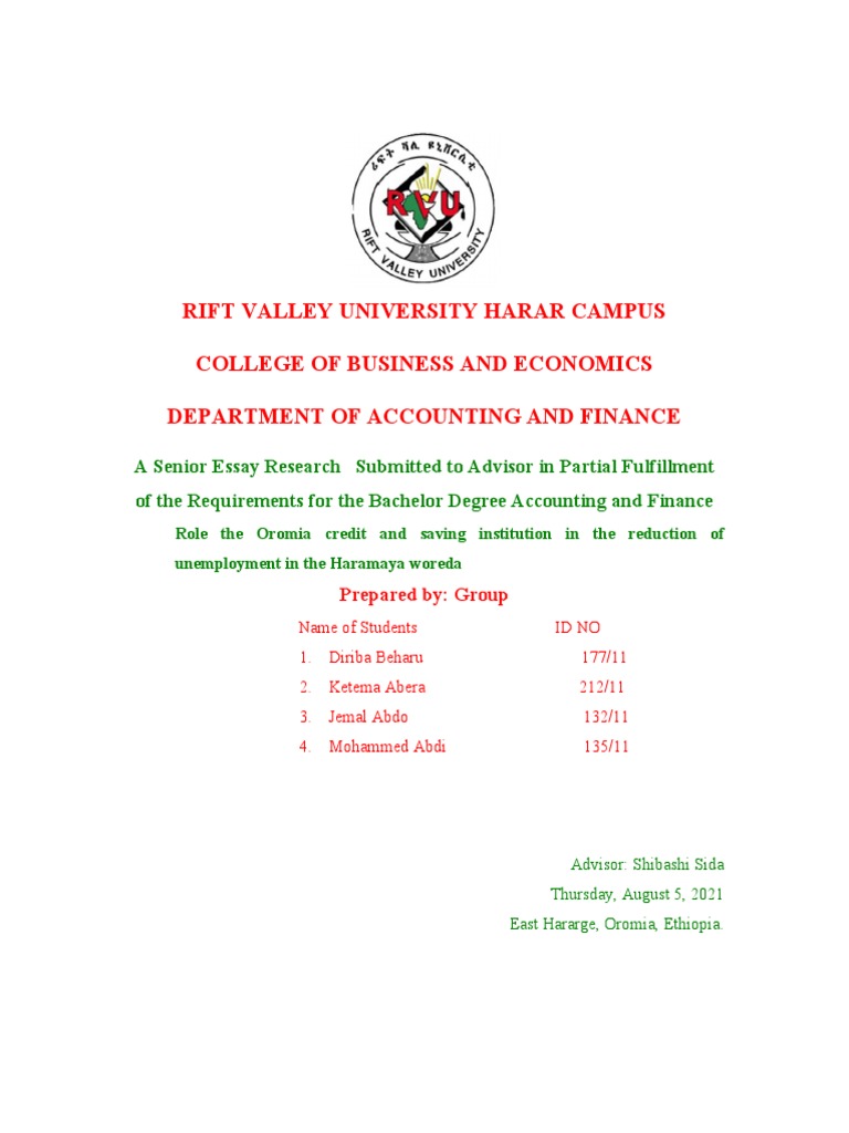 Rift Valley University Harar Campus College of Business and Economics ...