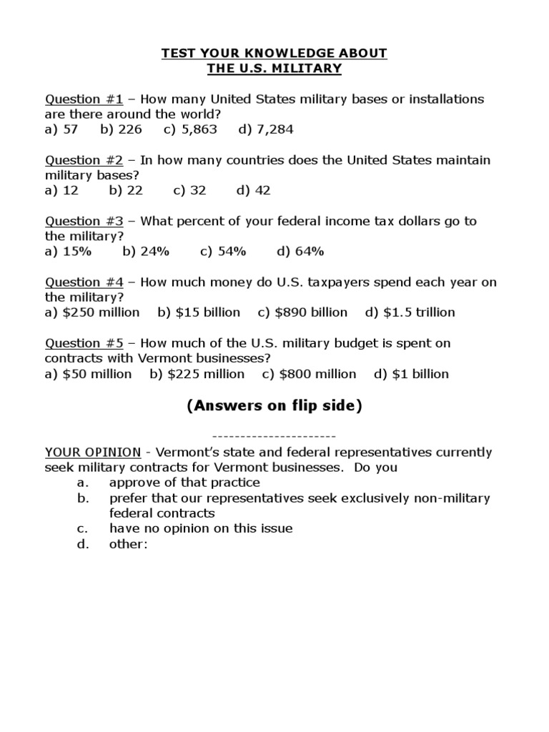 Test Your Knowledge About The U.S. Military: (Answers On Flip Side ...