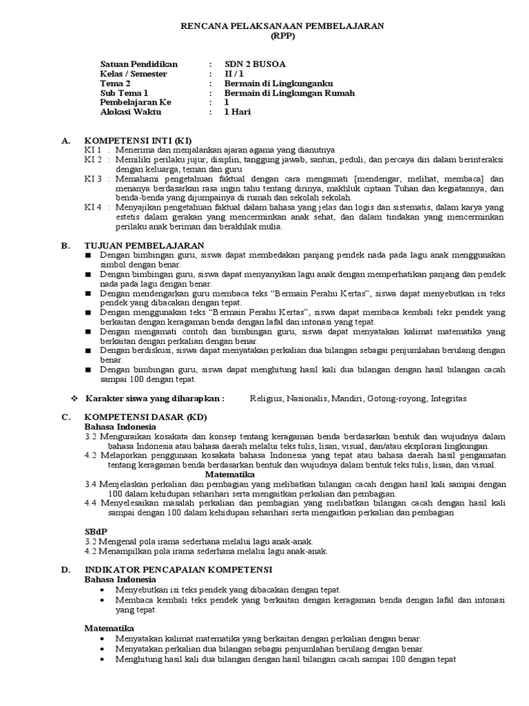 RPP Tema 2 Kelas 2 Semester 1 | PDF | Karier & Perkembangan