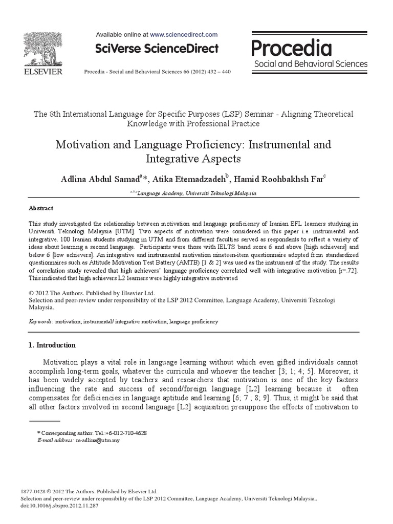 Motivation and Language Proficiency Instrumental and Integrative ...