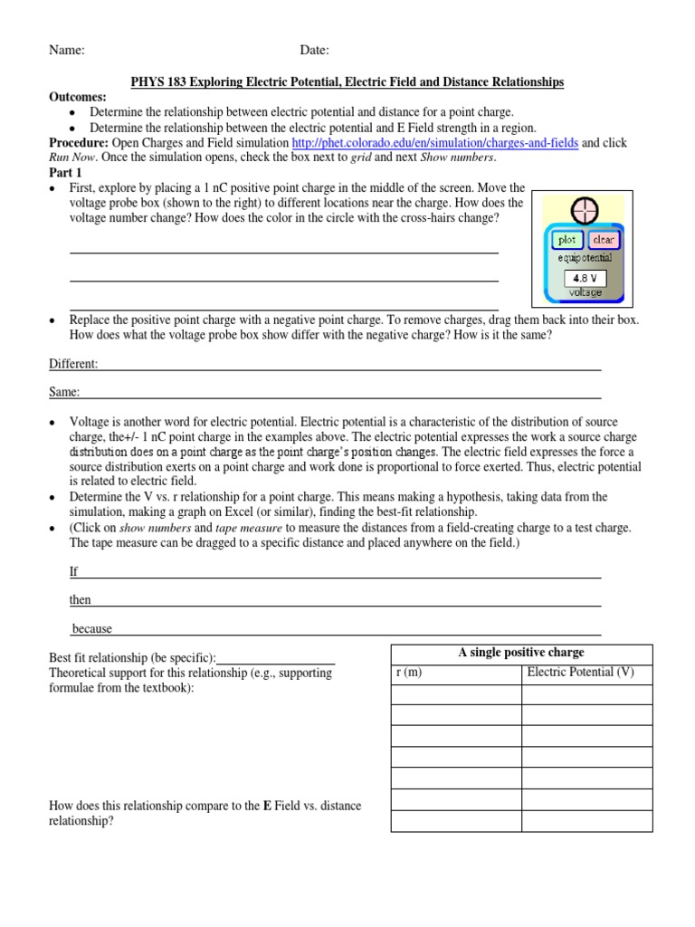 Electric Potential and E-Fields PhET Hypothesis Lab PDF | PDF ...