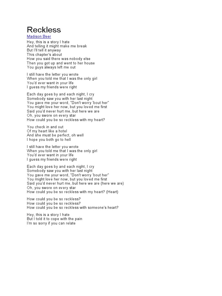 Reckless: Madison Beer Lyrics | PDF