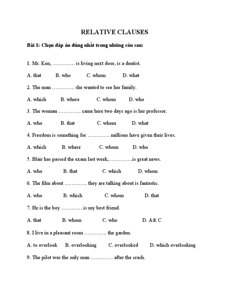 RELATIVE CLAUSES Basic Excersises + Answer Key | PDF