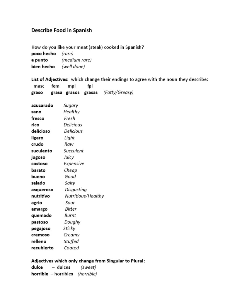 Describing Food in Spanish | PDF | Comida y bebida | Cocina
