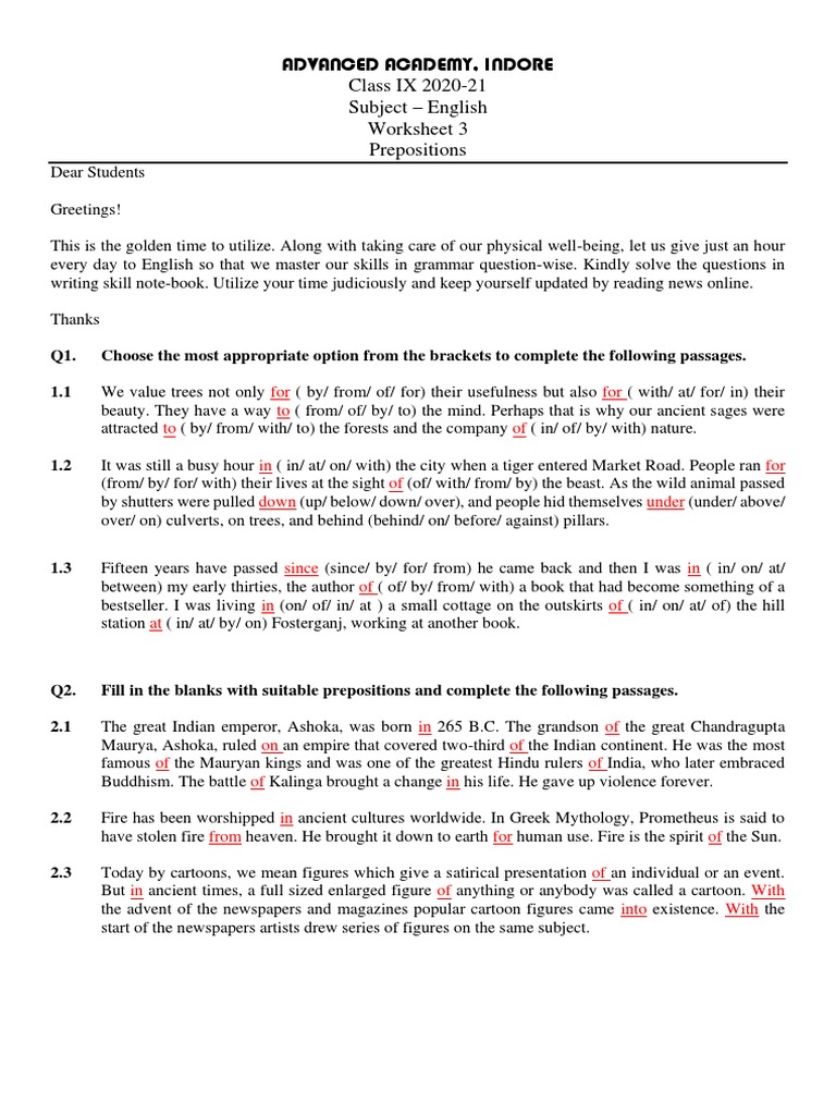 Advanced Academy, Indore Class IX 2020-21 Subject - English Worksheet 3 ...