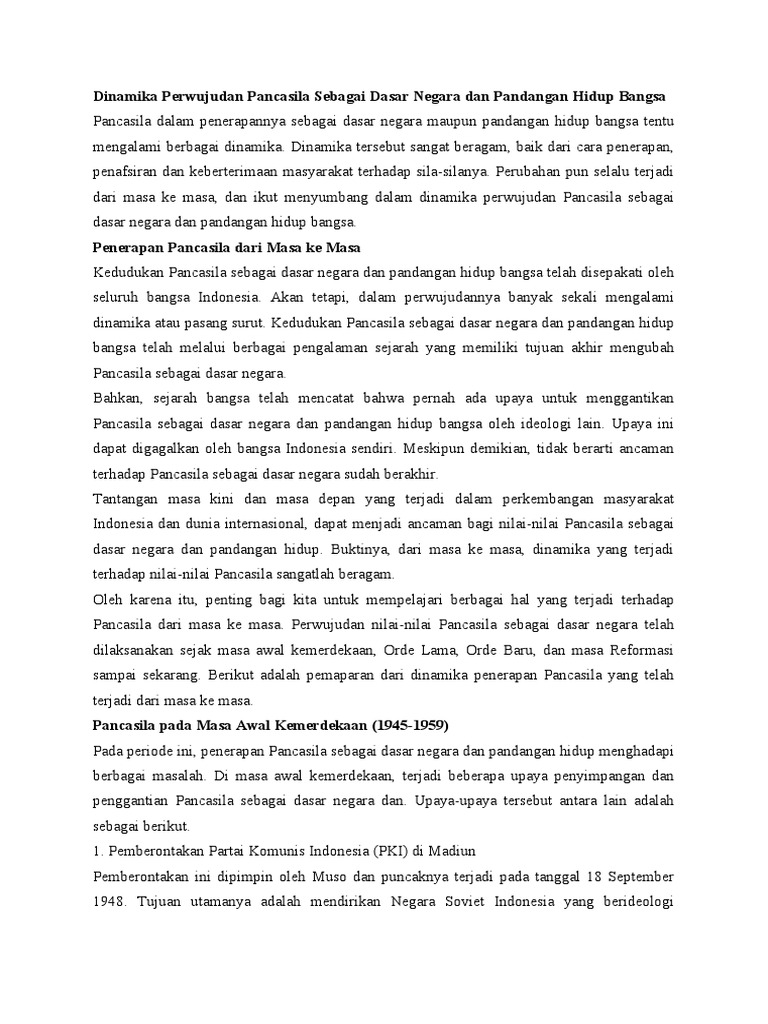 Dinamika Perwujudan Pancasila Sebagai Dasar Negara Dan Pandangan Hidup Bangsa | PDF