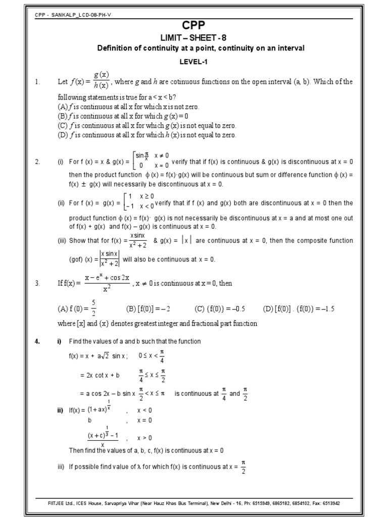 Limit - Sheet - 8: Level-1 | PDF | Continuous Function | Function (Mathematics)