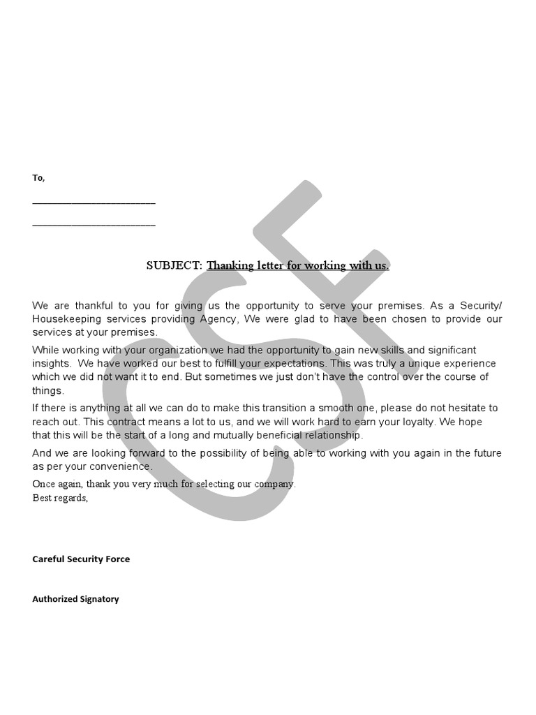 SUBJECT: Thanking Letter For Working With Us.: Careful Security Force | PDF
