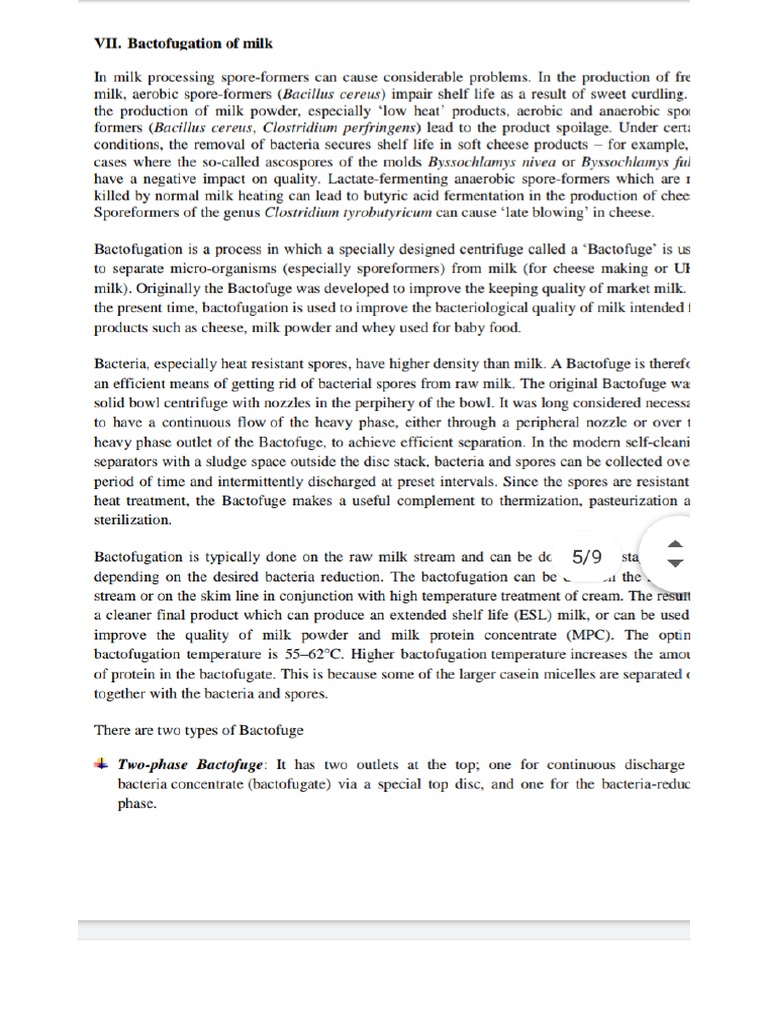 Bactofugation of Raw Milk | PDF
