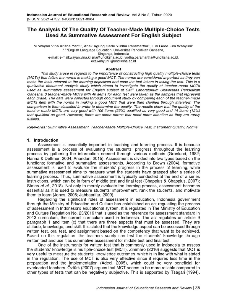 Teacher-Made Multiple-Choice Tests Used As Summative Assessment | PDF ...