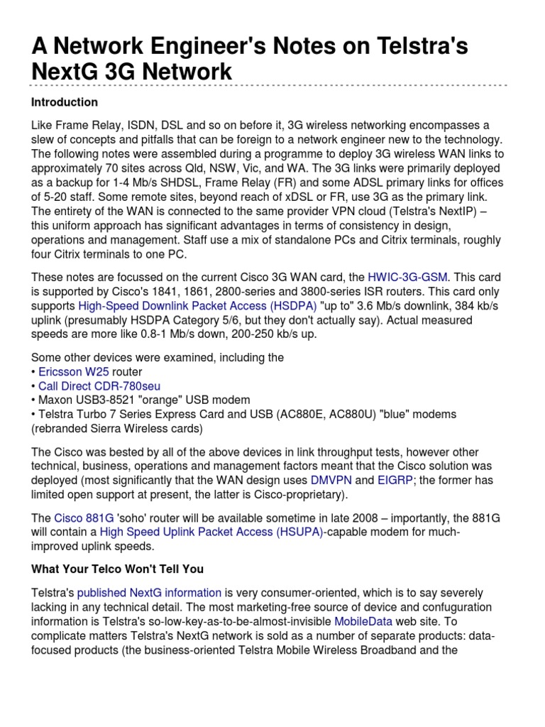Netlwork Setup For Telstra NextG Cisco Router | PDF | High Speed Packet ...