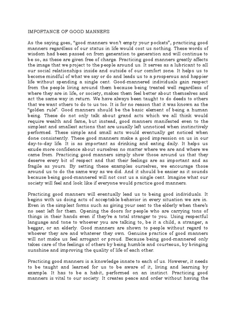 Importance of Good Manners Essay | PDF | Psychology | Human Nature