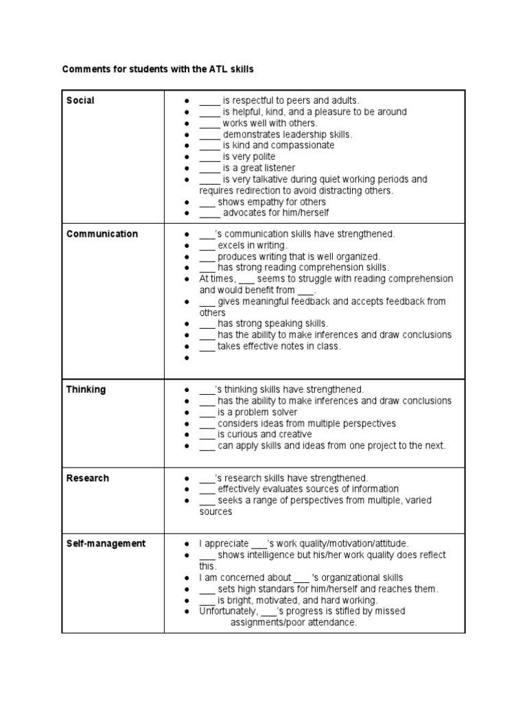 Comments For Students With The ATL Skills | PDF | Reading Comprehension ...
