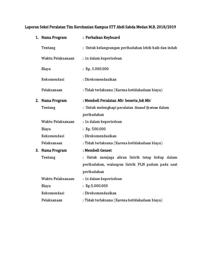 Laporan Seksi Peralatan Tim Kerohanian Kampus STT Abdi Sabda Medan ...