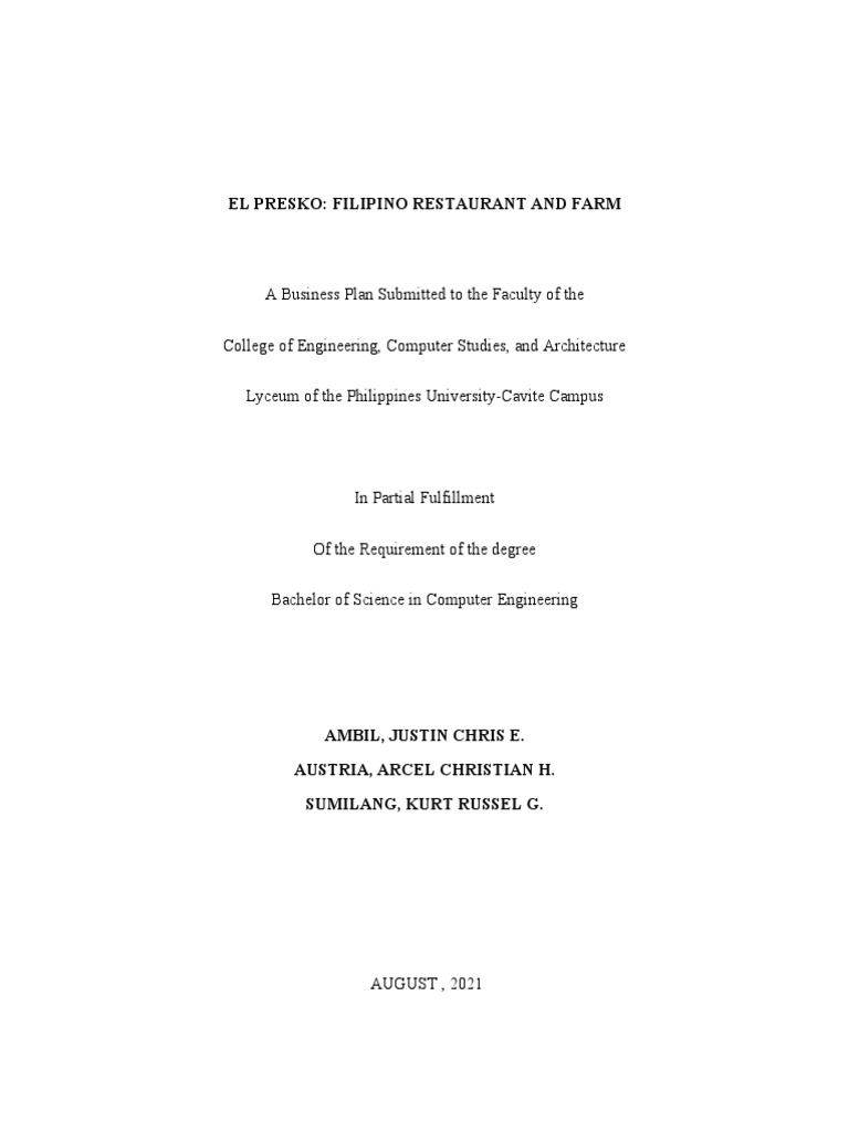 El Presko Filipino Restaurant (Business Plan) | PDF | Menu | Salad