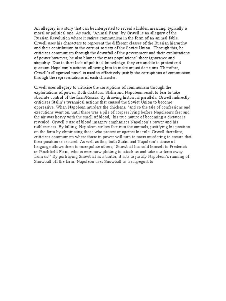 Animal Farm Allegory Essay | PDF | History | General Fiction