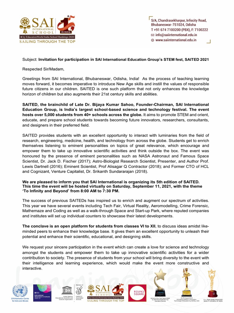 SAITED 2021 Invitation Letter | PDF | Science, Technology, Engineering ...