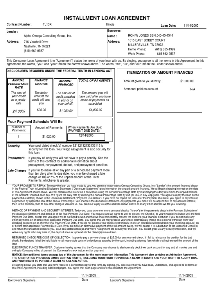 Installment Loan Agreement: Itemization of Amount Financed | PDF ...