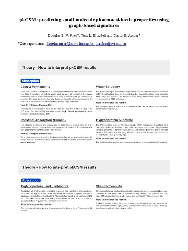 PKCSM: Predicting Small-Molecule Pharmacokinetic Properties Using Graph-Based Signatures | PDF