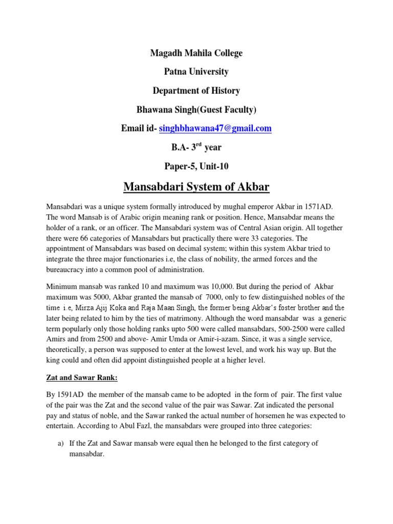 Mansabdari System of Akbar | PDF | Mughal Empire