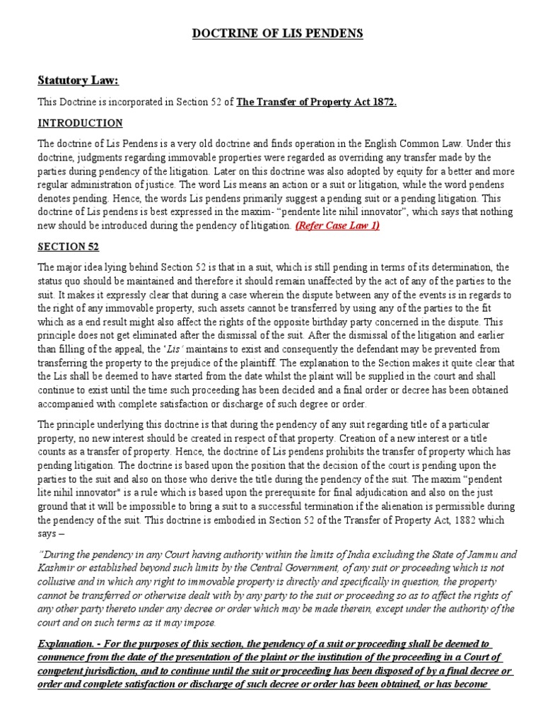 Doctrine of Lis Pendens: (Refer Case Law 1) | PDF | Lawsuit | Equity (Law)