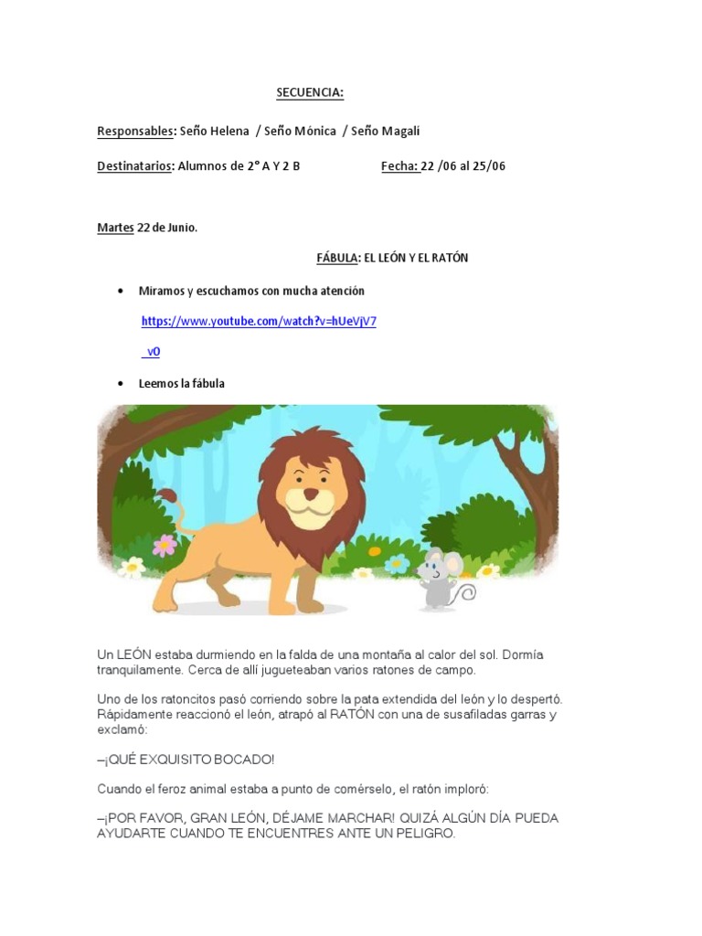 Fabula El León y El Ratón. Actividades | PDF