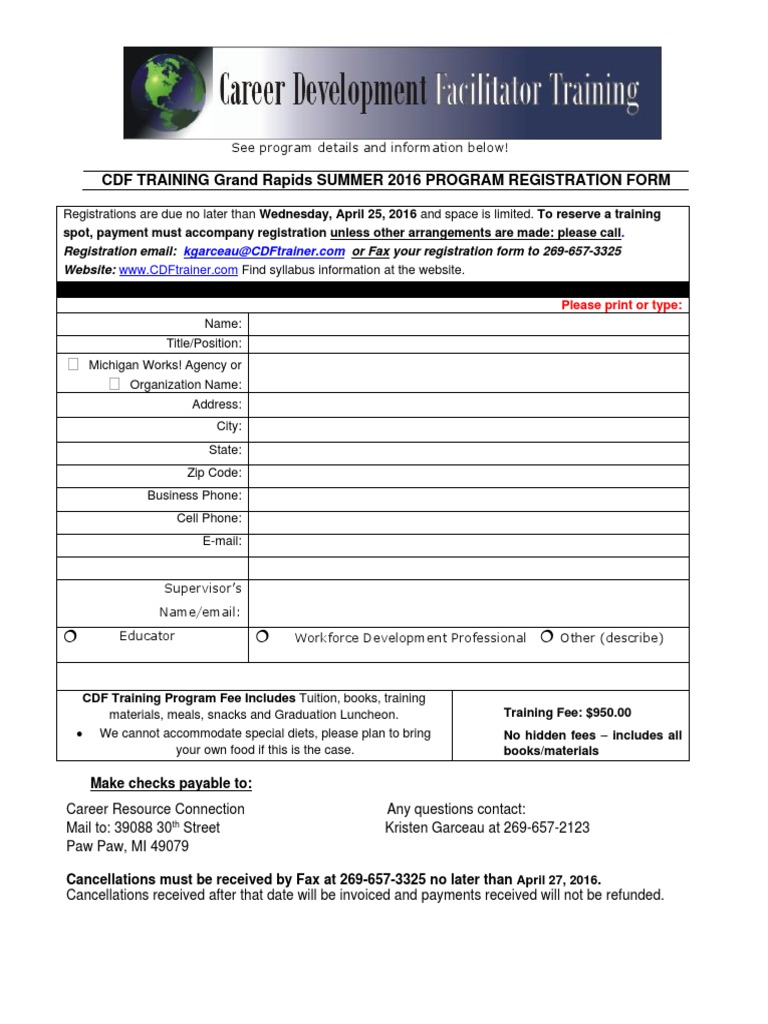 CDF Training Grand Rapids Summer 2016 Program Registration Form | PDF ...