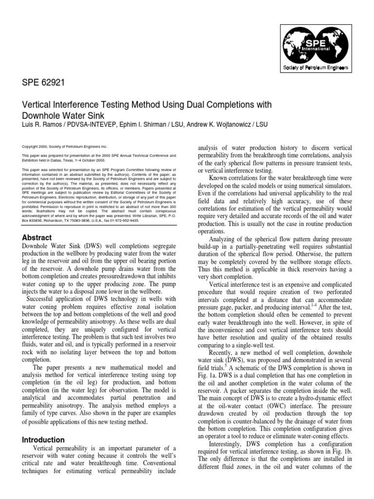 SPE 62921 Vertical Interference Testing Method Using Dual Completions ...