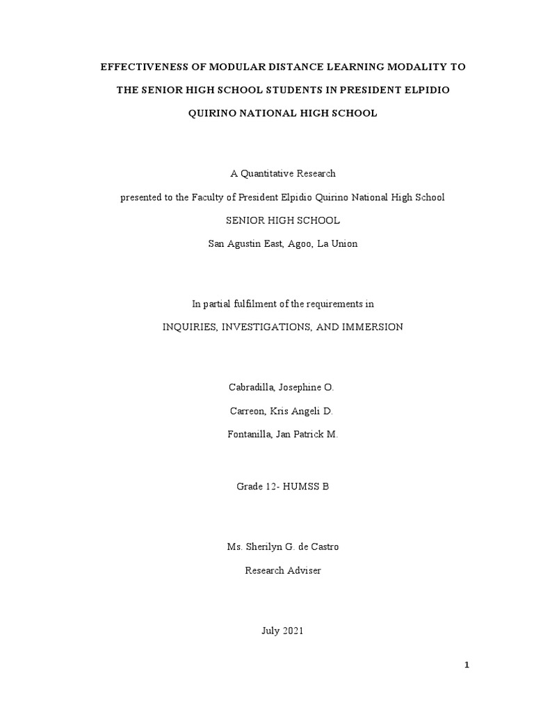 Effectiveness of Modular Distance Learning To The SHS Students in ...