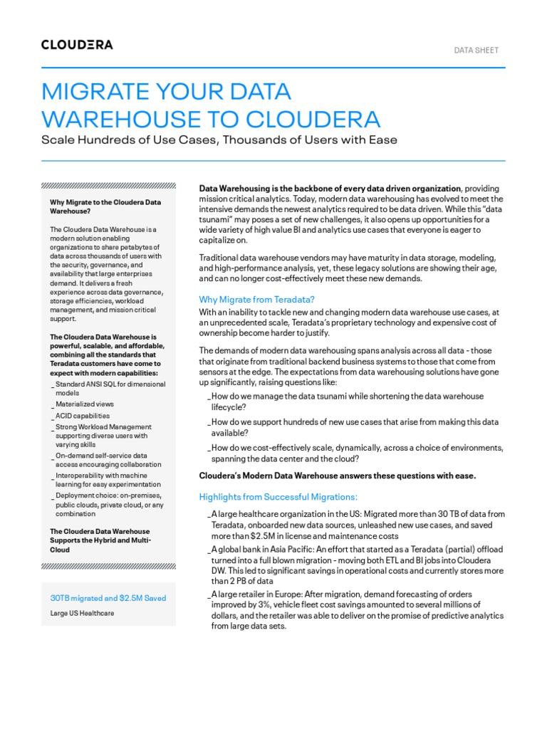 Cloudera Datasheet Data Warehouse Migration 101 Pdf Data Warehouse
