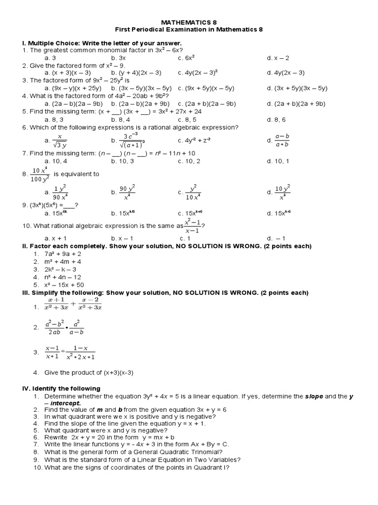 Math 8 1st Exam FINAL | Download Free PDF | Equations | Mathematical ...