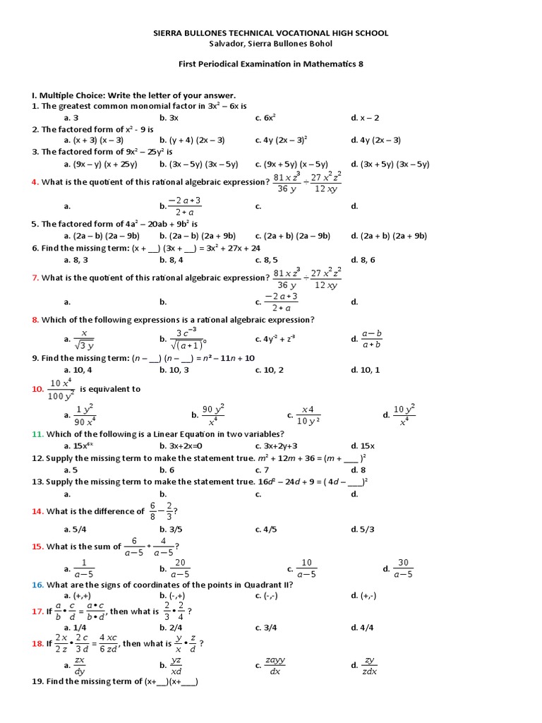 Math 8 1st Exam 2 | PDF | Equations | Factorization