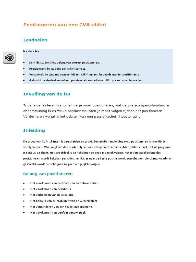 Positioneren Van Een CVA-cliënt: Lesdoelen | PDF
