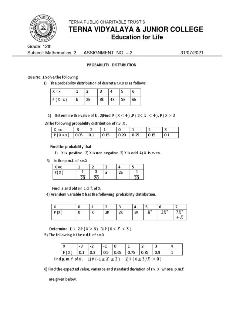 Probability Distribution Assignment | Download Free PDF | Variance ...