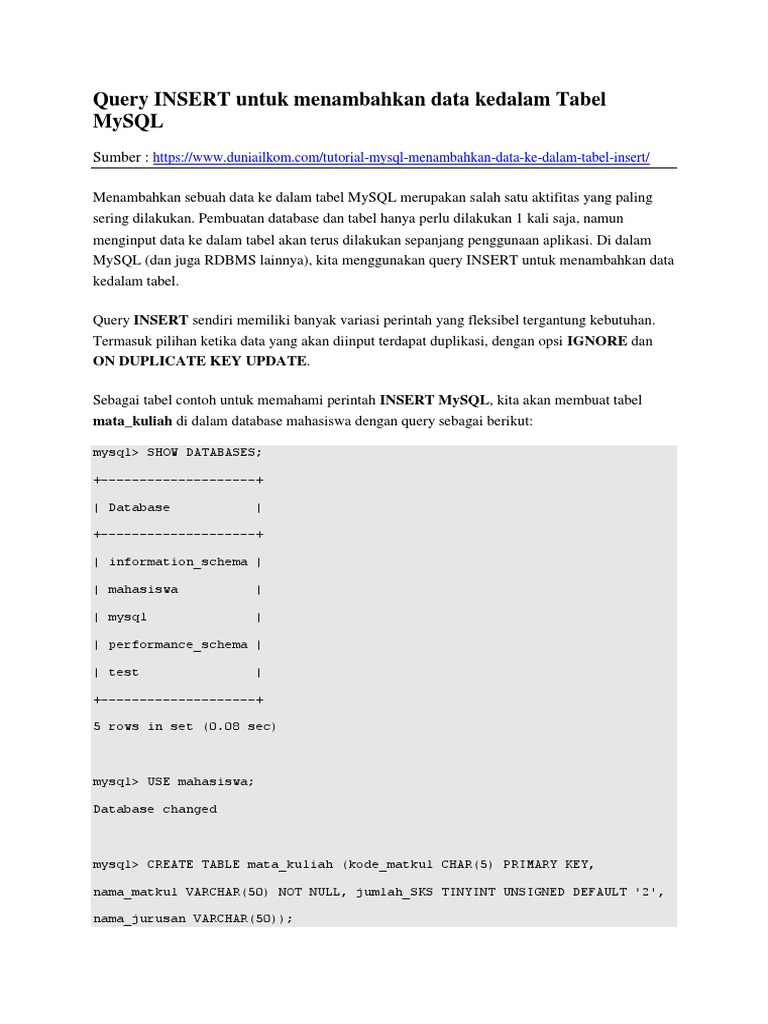 Query INSERT Untuk Menambahkan Data Kedalam Tabel MySQL | PDF