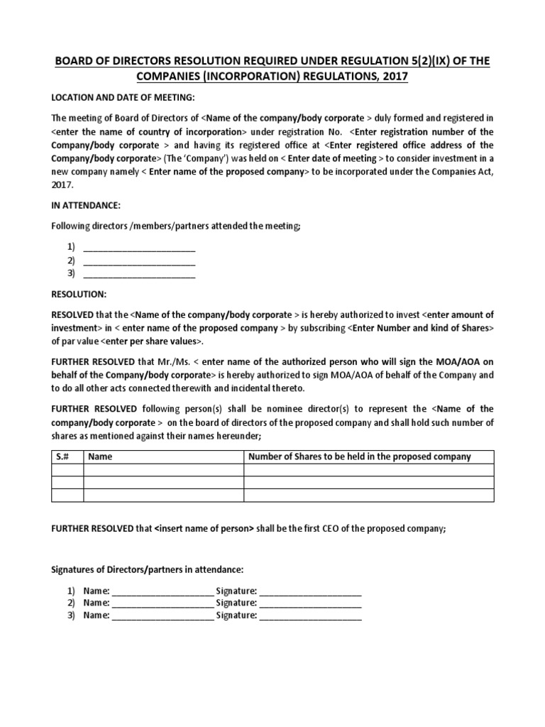 Sample BOD Resolution When A Company or A Body Corporate Is A ...